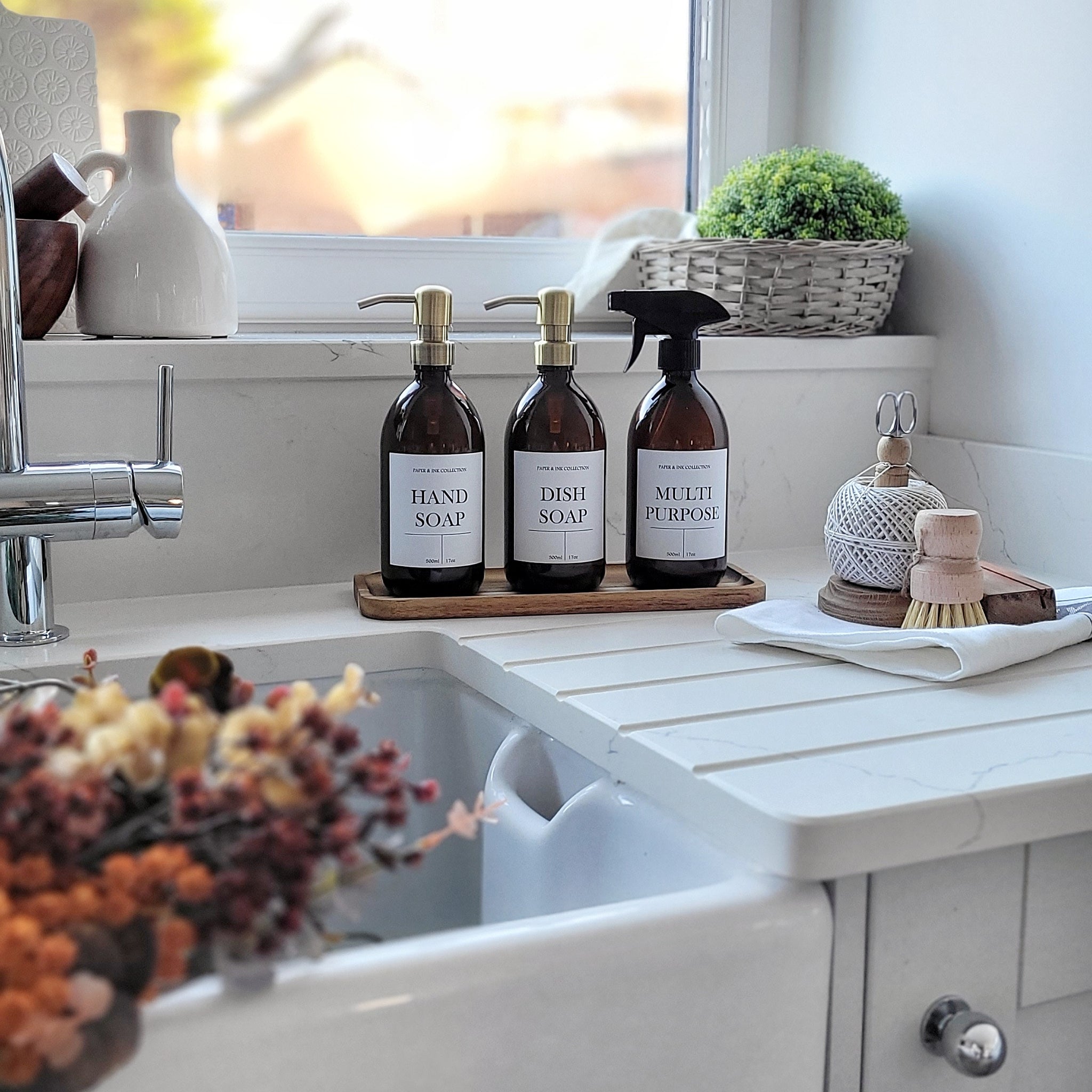 Amber Glass Soap Dispenser Bottle 500ml Paper Ink